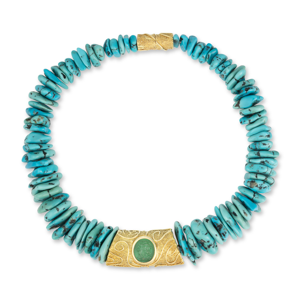 Graduated Turquoise Disc-Bead Necklace with 19th Century Green Glass ...